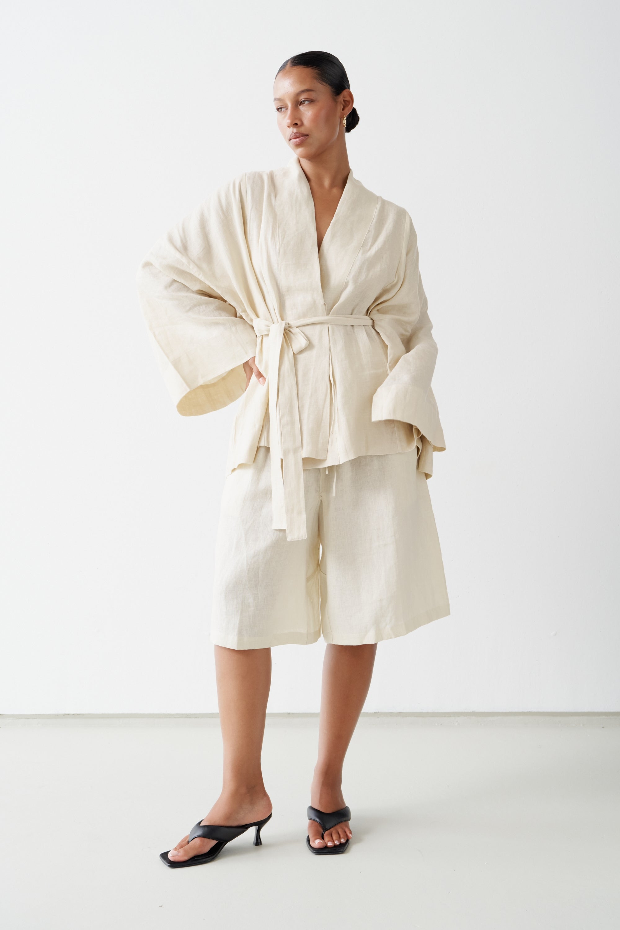 Koko Linen Shorts, Shell | Wide Leg High-Rise
